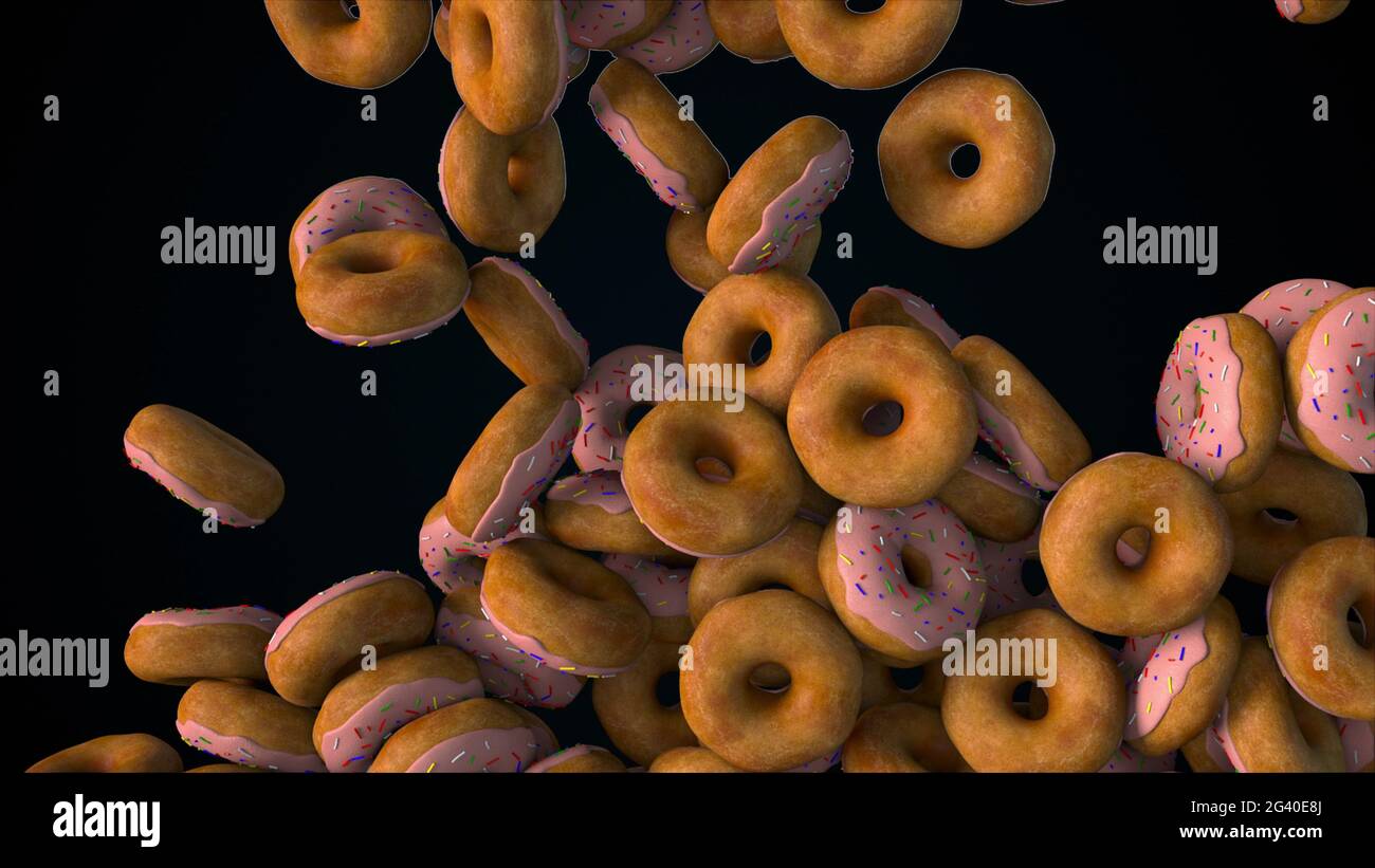 Computer generated many falling donuts and fill the screen. 3d ...