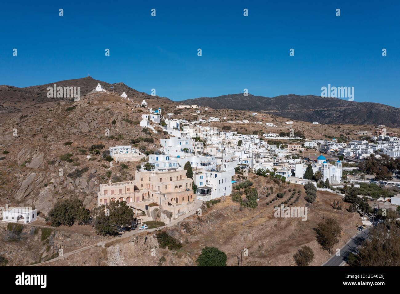 Ios Cyclades islands, Greece. Chora town aerial drone view. Traditional ...