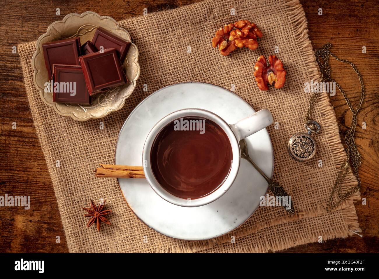 Hot chocolate, overhead flat lay shot with spices Stock Photo - Alamy