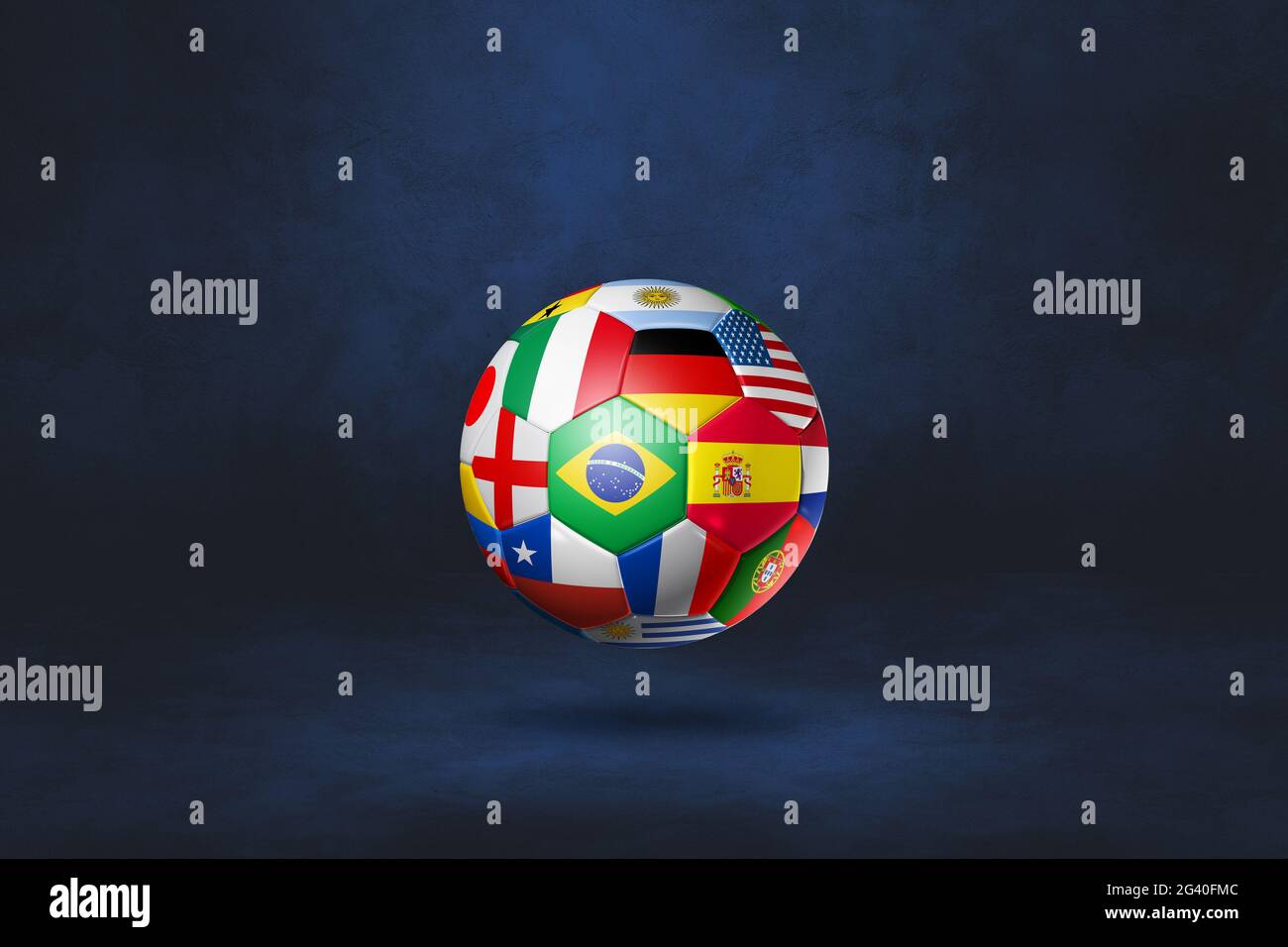 Football soccer ball with national flags on a dark blue studio ...
