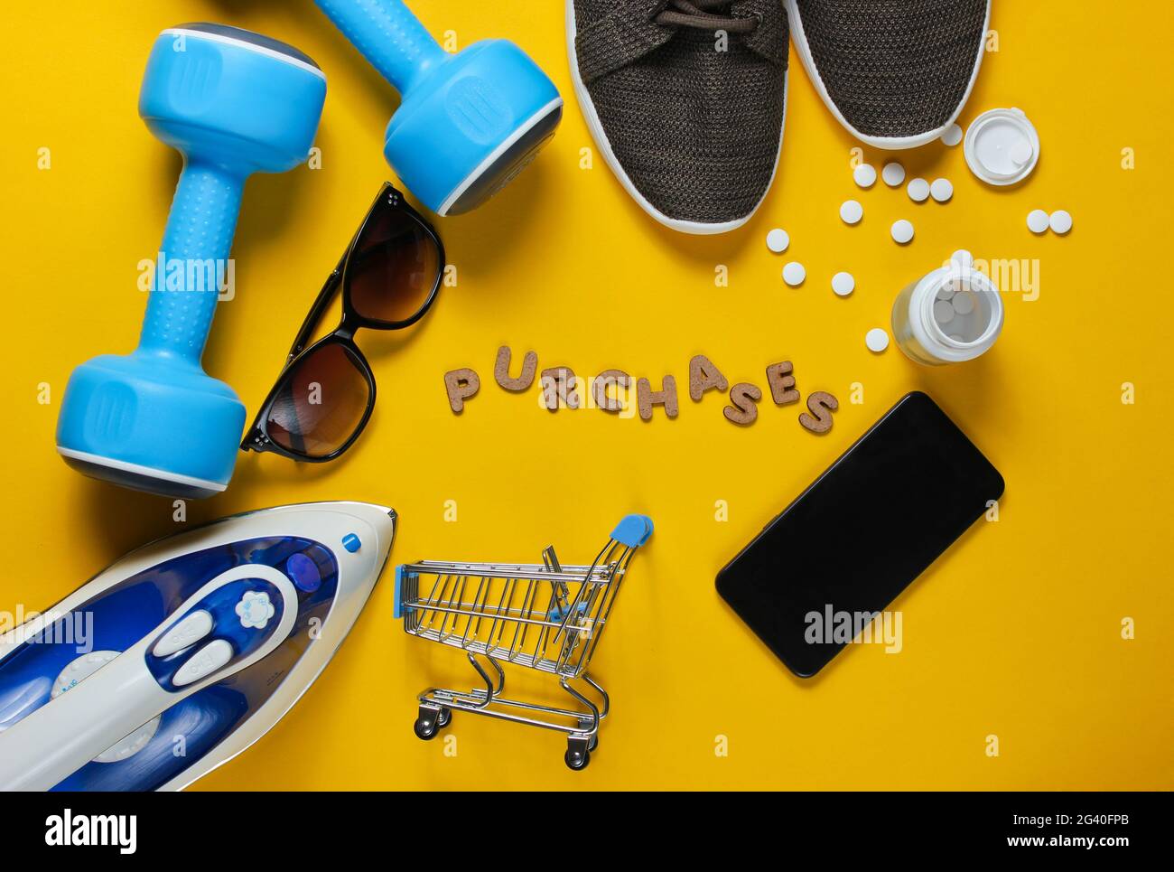 Purchases concept. Many different objects on a yellow background. Top ...