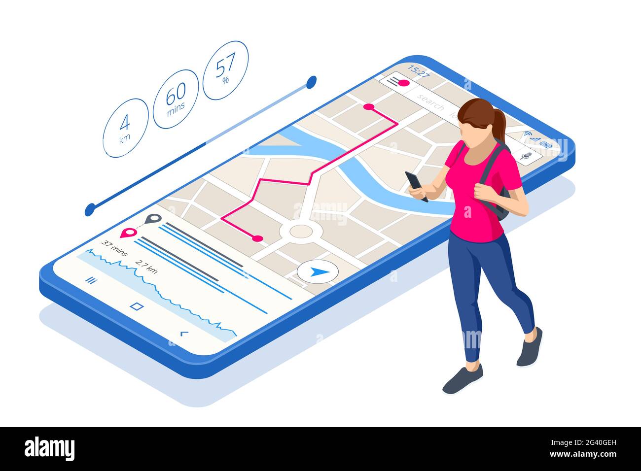 Isometric gps navigation concept. Tourist traveling using his smartphone with previously saved ...