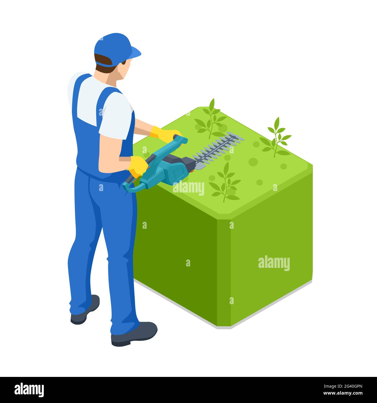 Agricultural work. Isometric gardener work on shrub, remove excess ...
