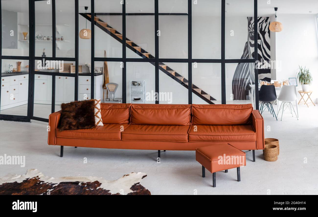 Stylish apartment, open space, in the middle of the room is a modern ...
