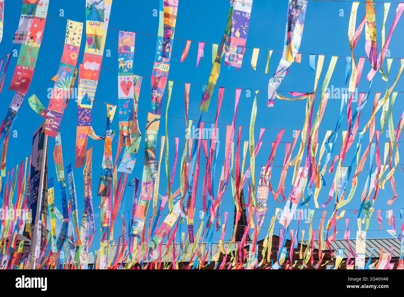 Colourful flags and banners in Broadgate, Coventry celebrating Coventry ...
