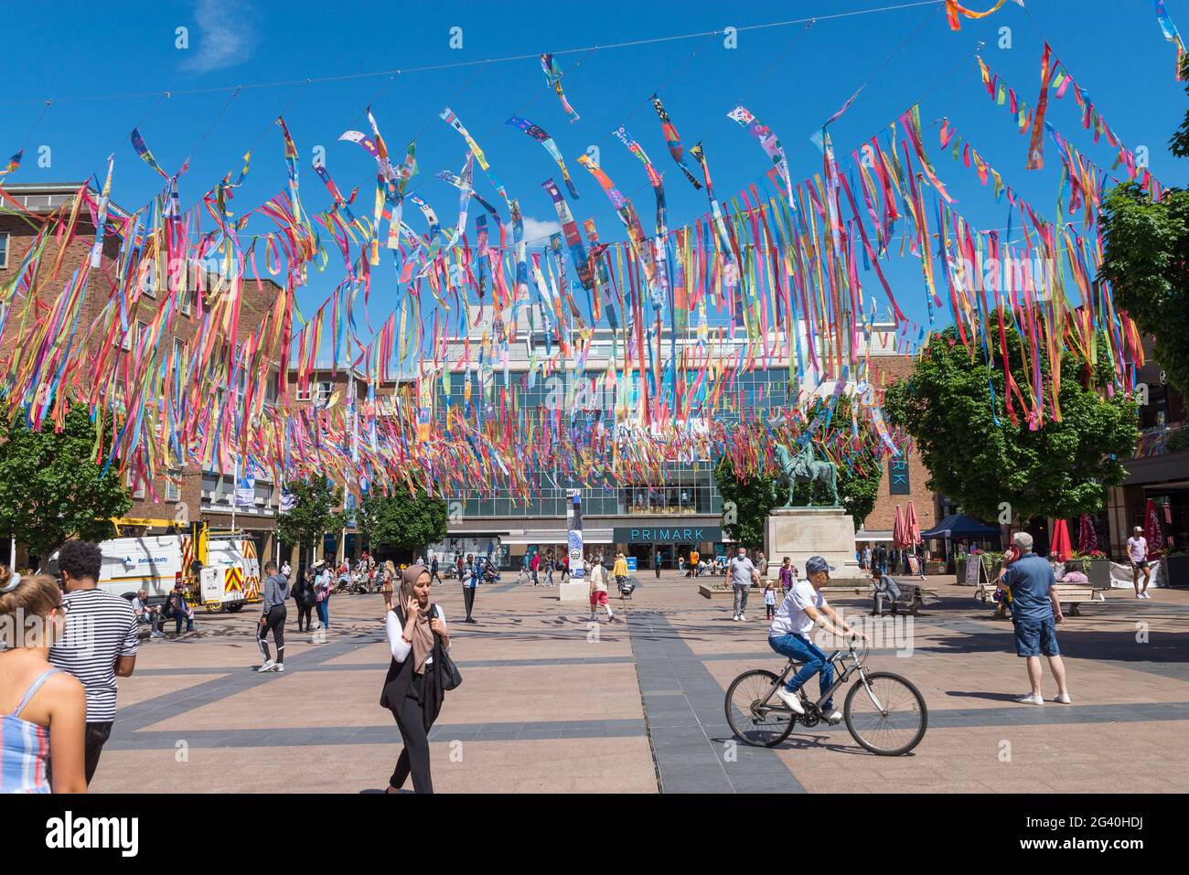 Colourful flags and banners in Broadgate, Coventry celebrating Coventry ...