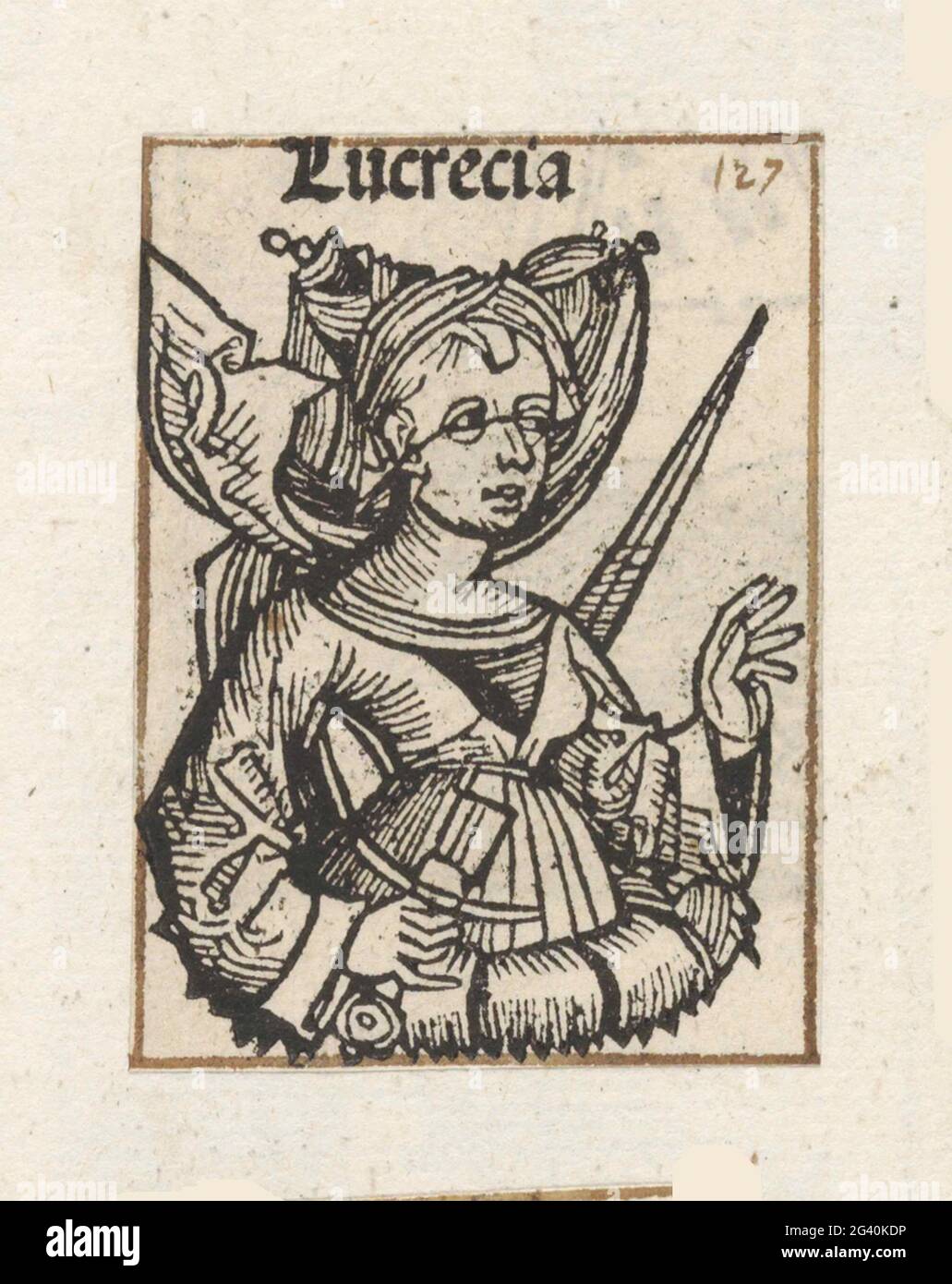 Lucretia; Lucrecia; Liber chronicarum. A flower celk with a woman ...