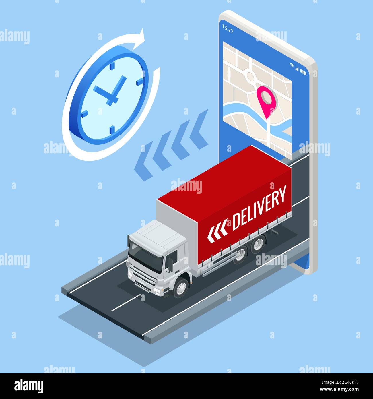 Isometric Delivery truck with cardboard box, mobile phone. Delivery ...
