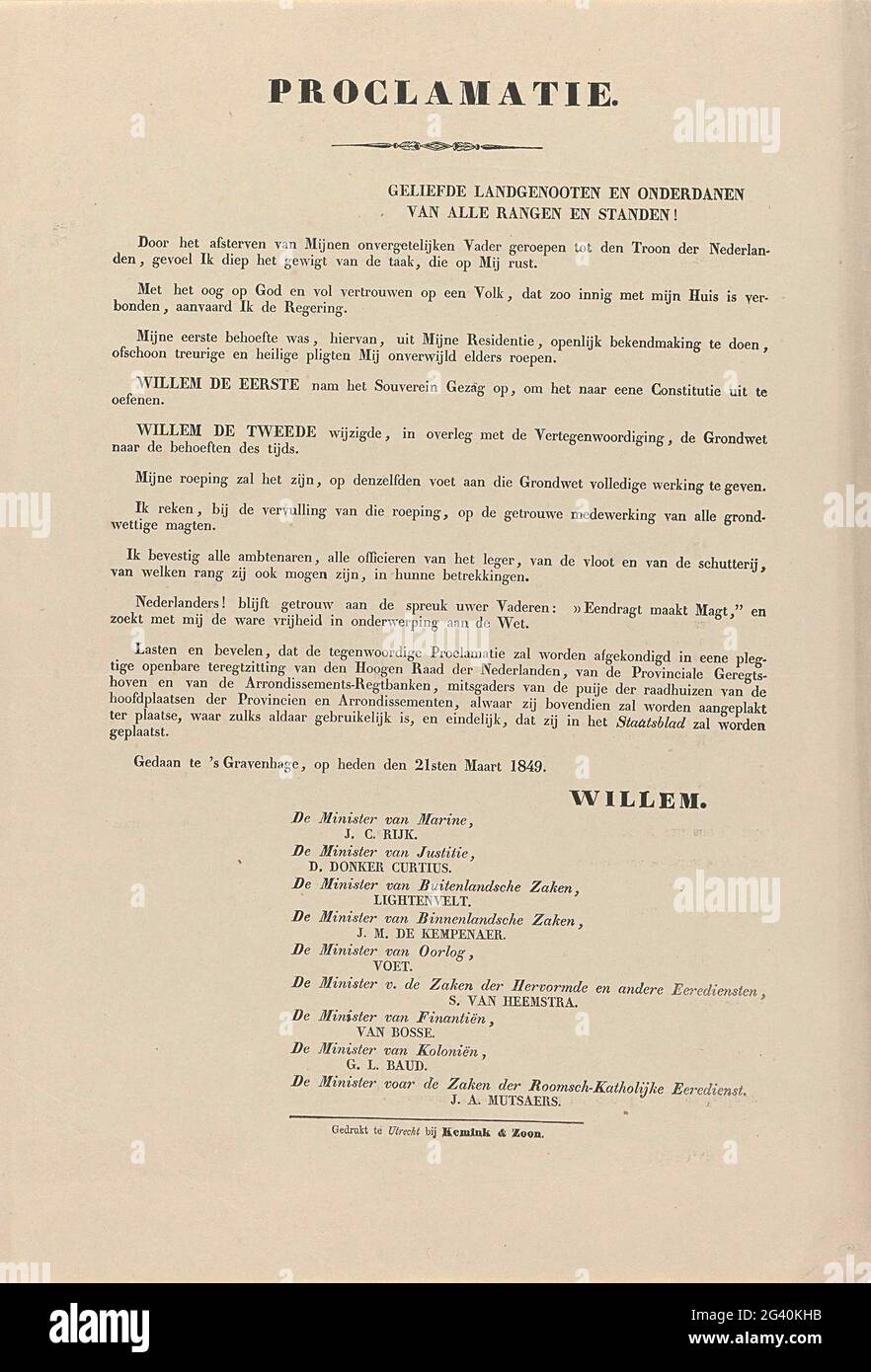 First proclamation issued by King Willem III, 1849. The first ...