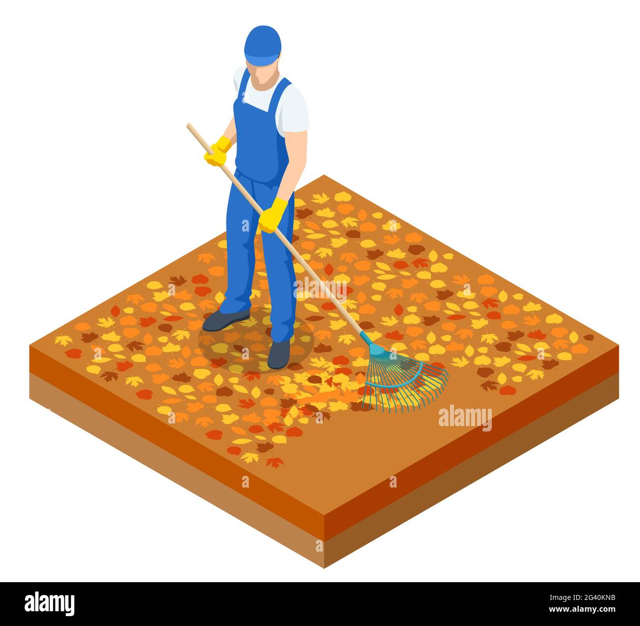 Isometric man cleaning fallen autumn leaves, A gardener collects and ...