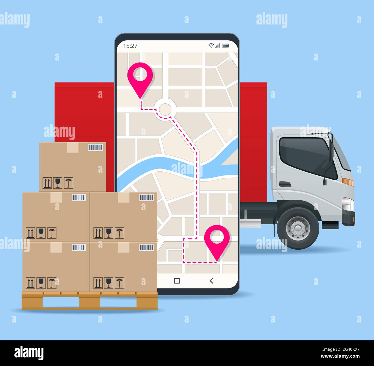 Delivery truck with cardboard box, mobile phone. Delivery service via ...