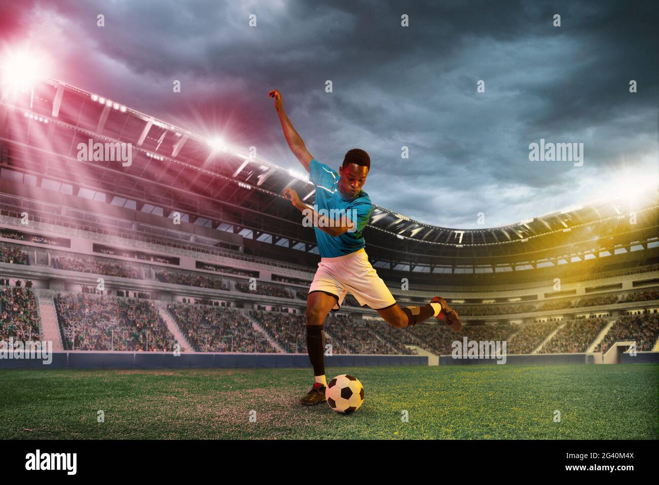 Goal. Male african socce, football player jumping in attack during ...