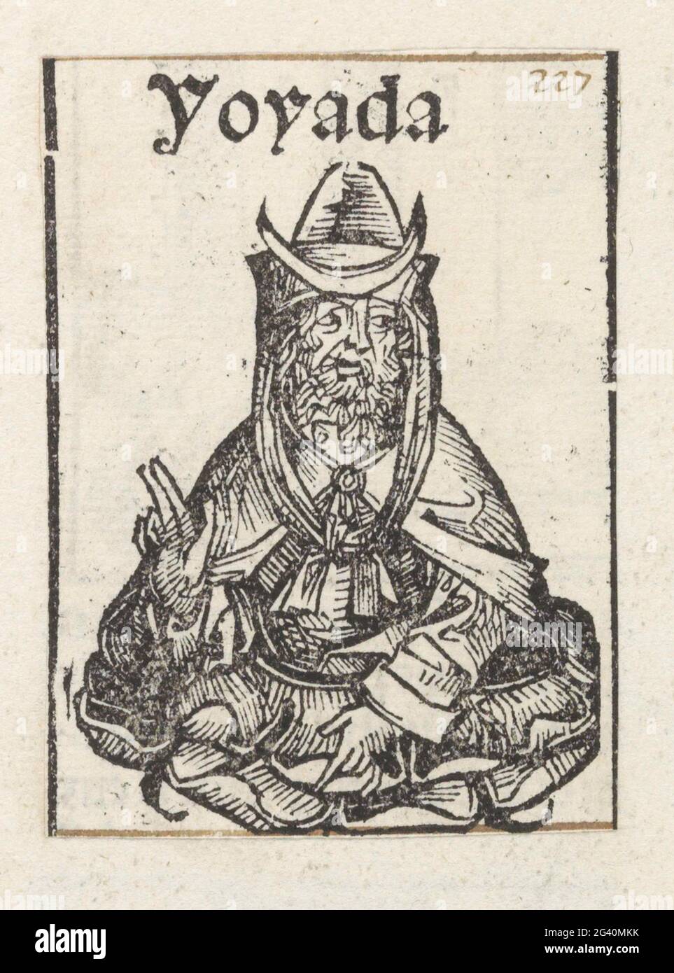 Jojada; Yoyada; Liber chronicarum. A flower celk with a man in priest ...