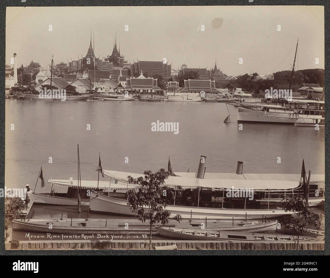 Menam River in Bangkok with buildings and boats, seen from the Royal ...