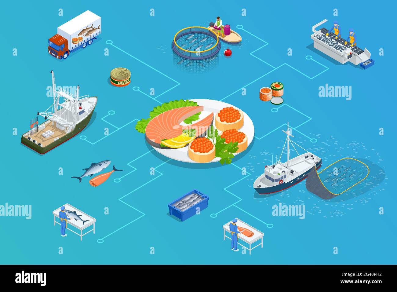 Isometric Fish industry seafood concept. Commercial fishing. Sea ...