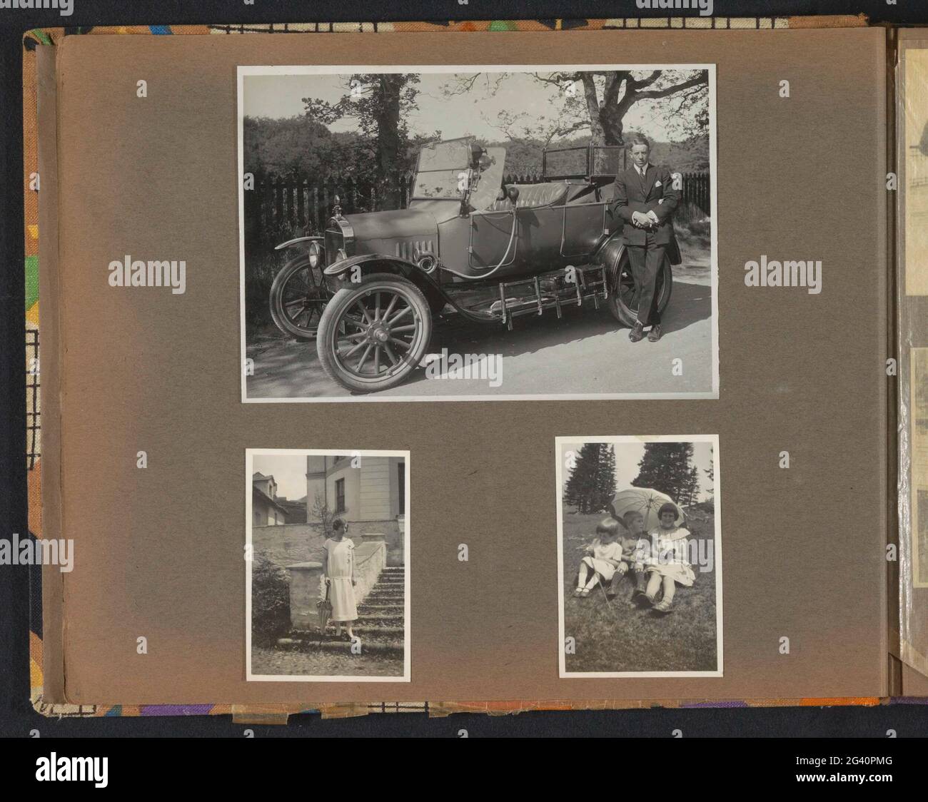 Portraits, including a car. Album leaf with photos of a man posing at a ...