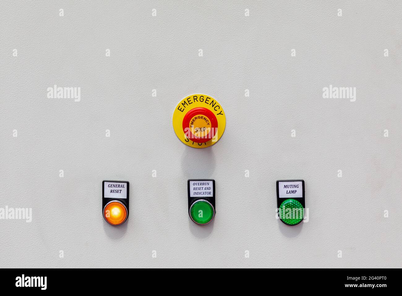 Emergency Stop Push Button and Indicator Lamps at Machine Stock Photo ...