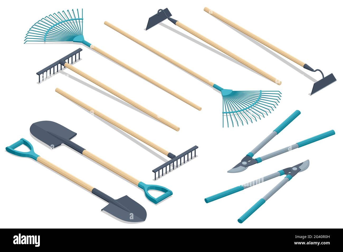 Isometric set of garden tools. Rake, pruner, shovel, boot, pitchfork ...