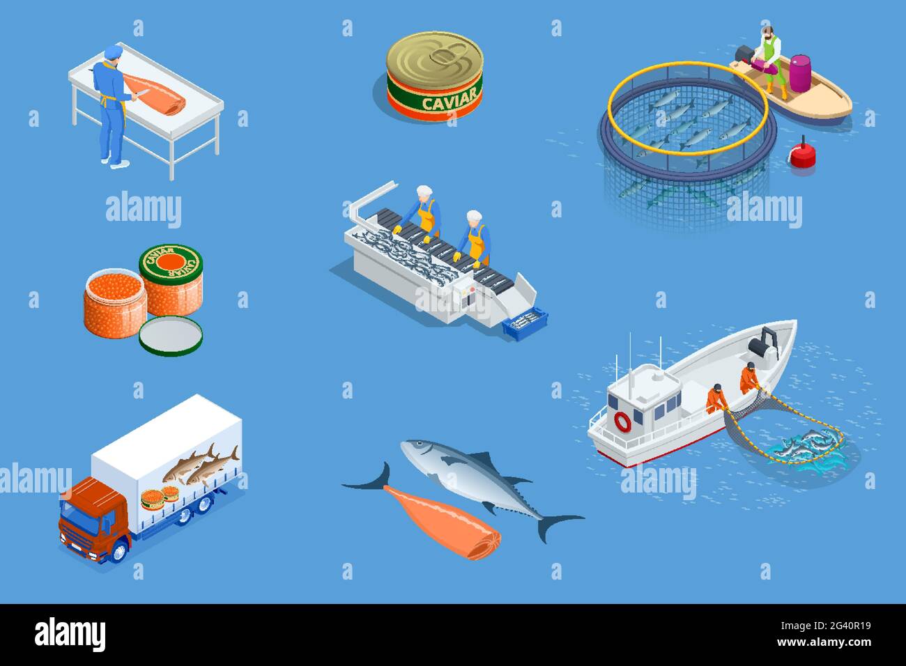 Isometric Fish industry seafood concept. Commercial fishing. Sea ...