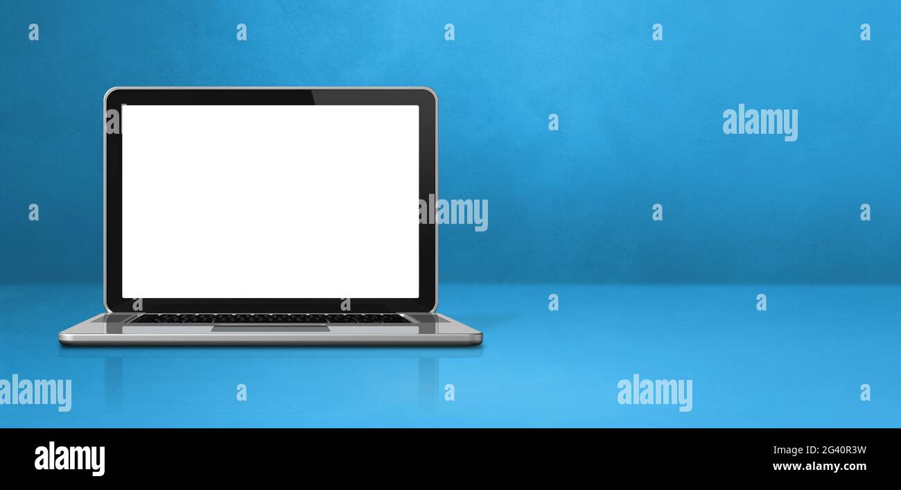 Laptop computer on blue office scene background banner Stock Photo - Alamy