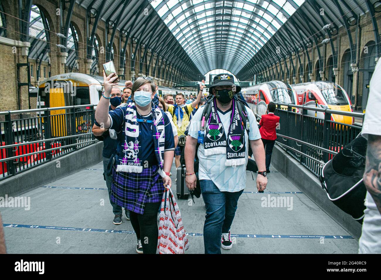 KINGS CROSS LONDON 18 June 2021. Scottish Tartan army football fans ...