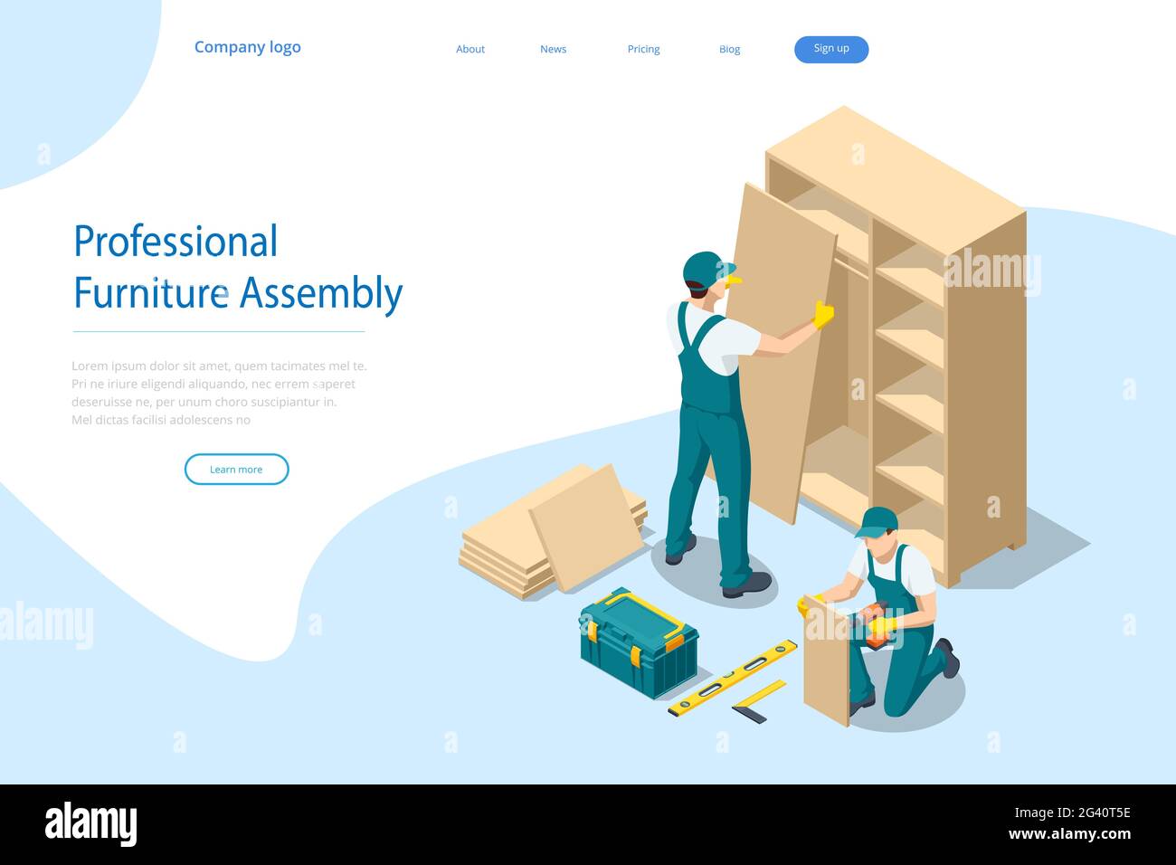 Isometric workers of manufacture with professional tools during ...