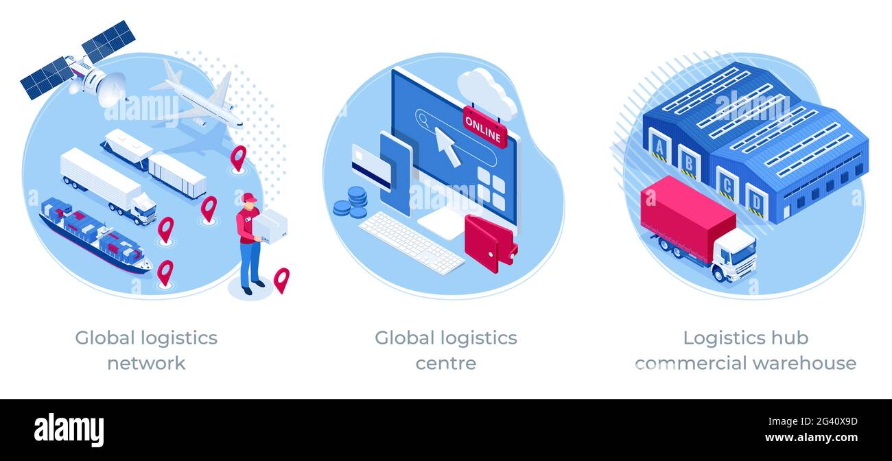 Global logistics network isometric illustration Icons set of air cargo ...