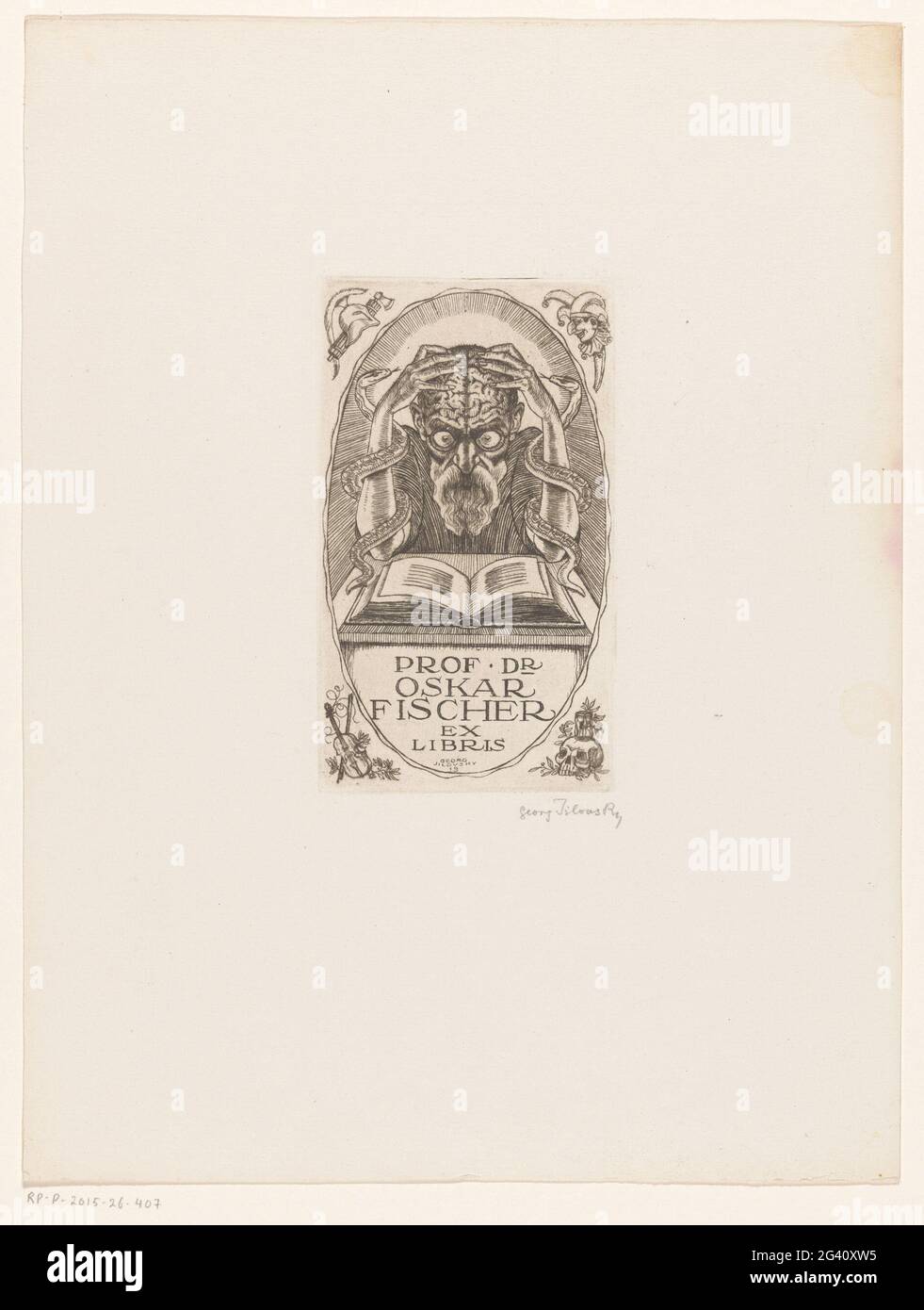 Ex libris from Prof. dr. Dr. Oskar Fischer. Oval with a reading man for ...