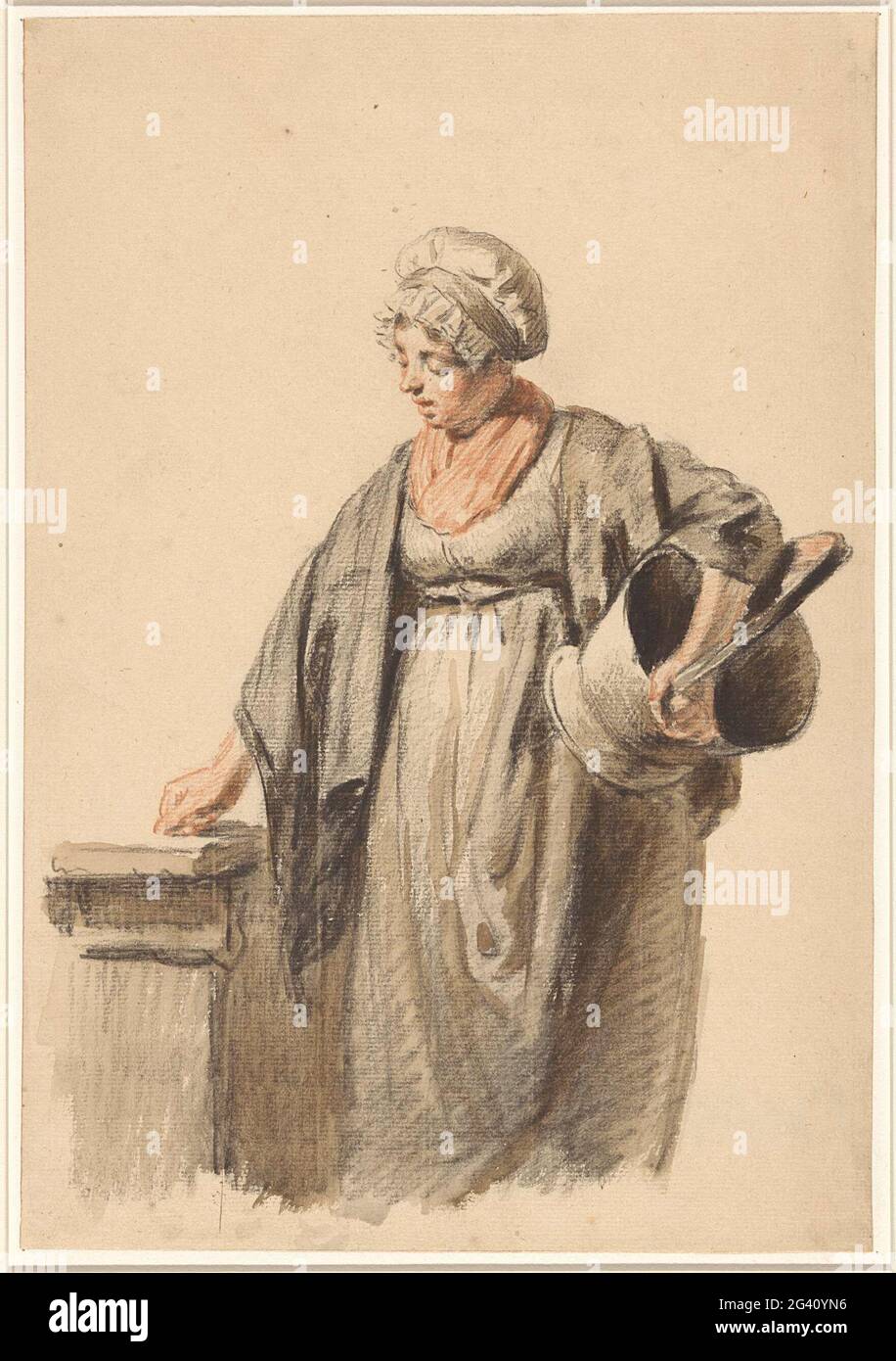 Standing woman with a bucket under the arm Stock Photo - Alamy