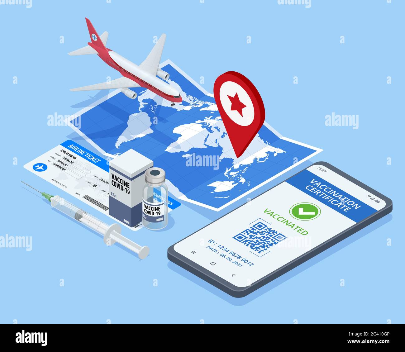 Isometric Air travel world globe airline tickets. Mobile phone with ...