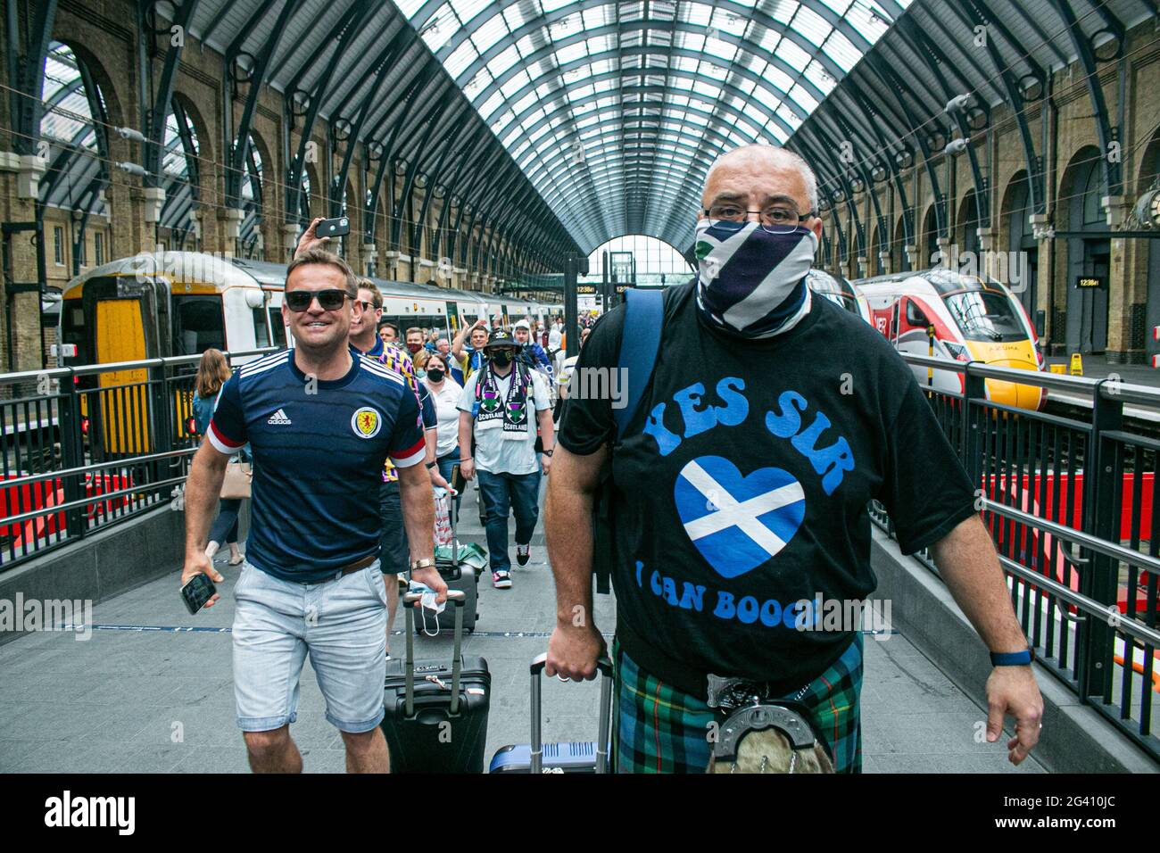 KINGS CROSS LONDON 18 June 2021. Scottish Tartan army football fans ...