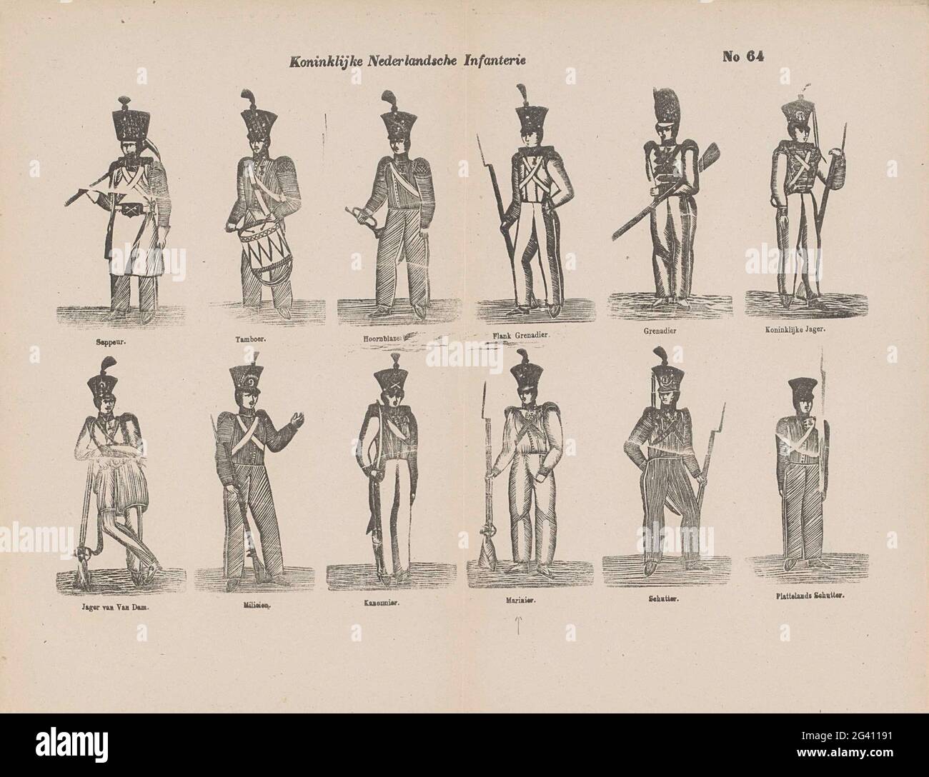 Royal Dutch Infantry. Leaf with 12 representations of soldiers. Under ...