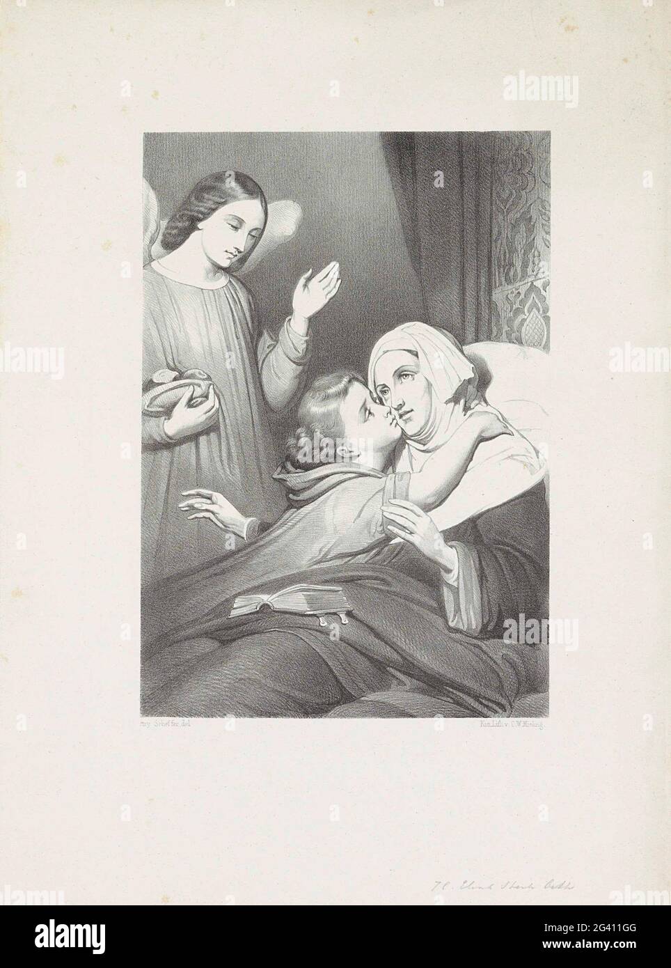 Angel and child in a sick woman. The sick woman is in bed. She is ...