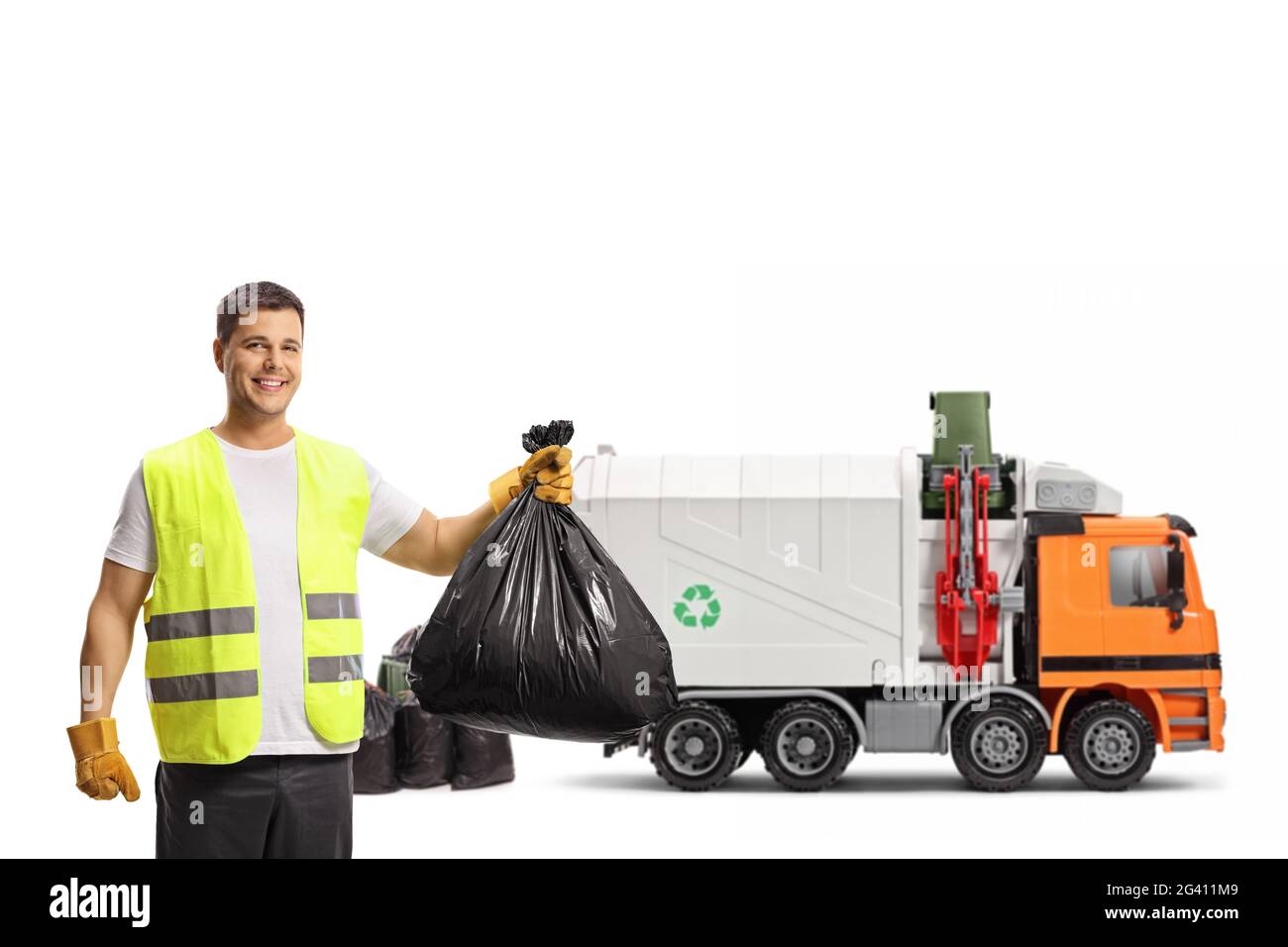 Garbage man with a plastic bag and a garbage truck isolated on white ...