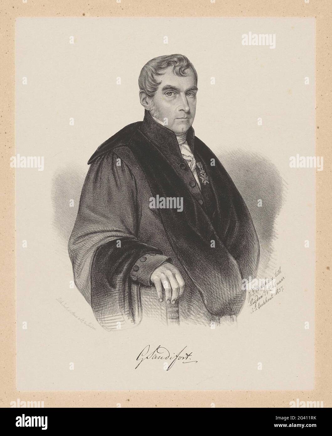 Portrait of Gerard Sandfort. The portrait carries a gown and a ...