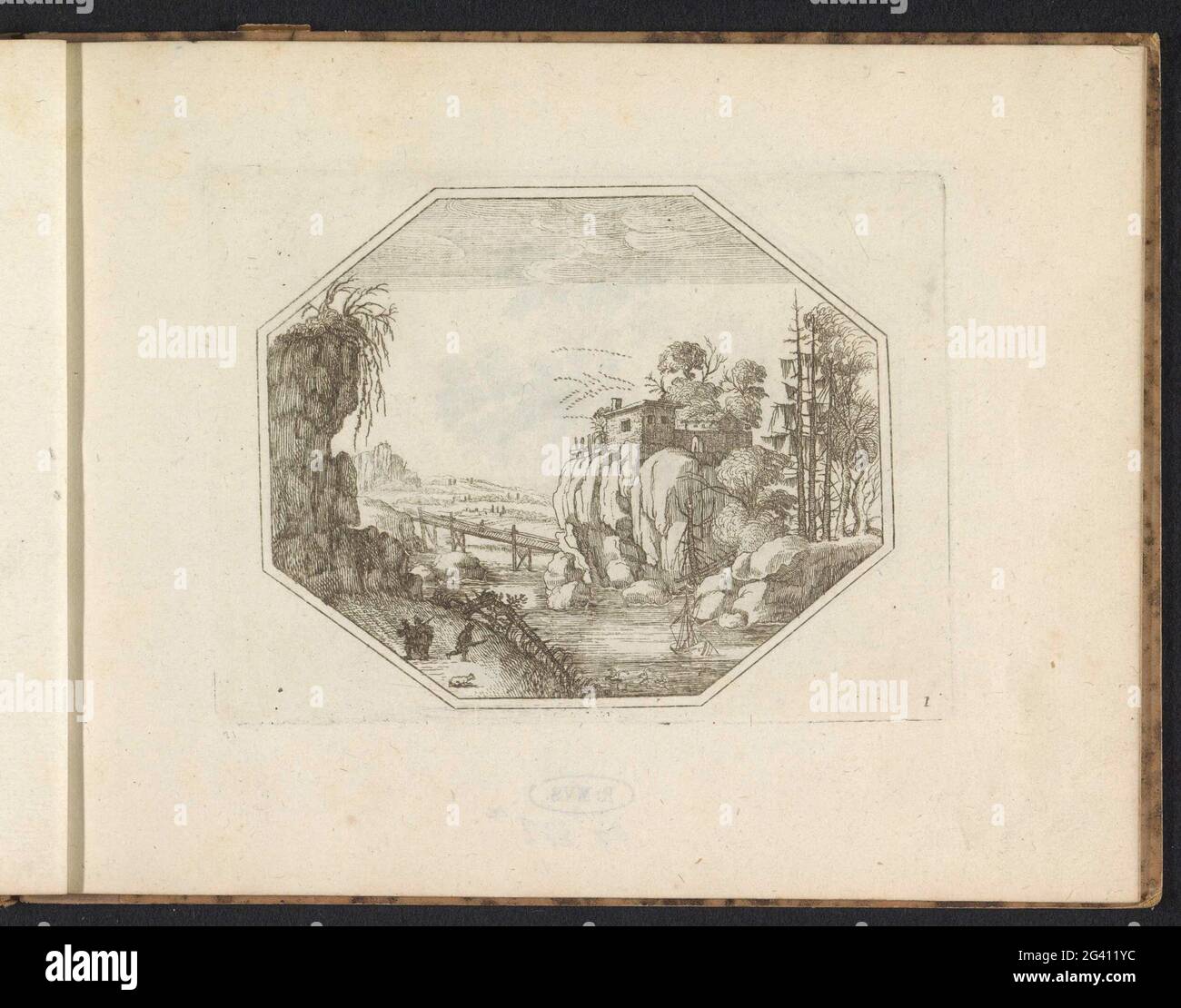 Landscape with a building on a rock; Octagonal landscapes. Landscape ...