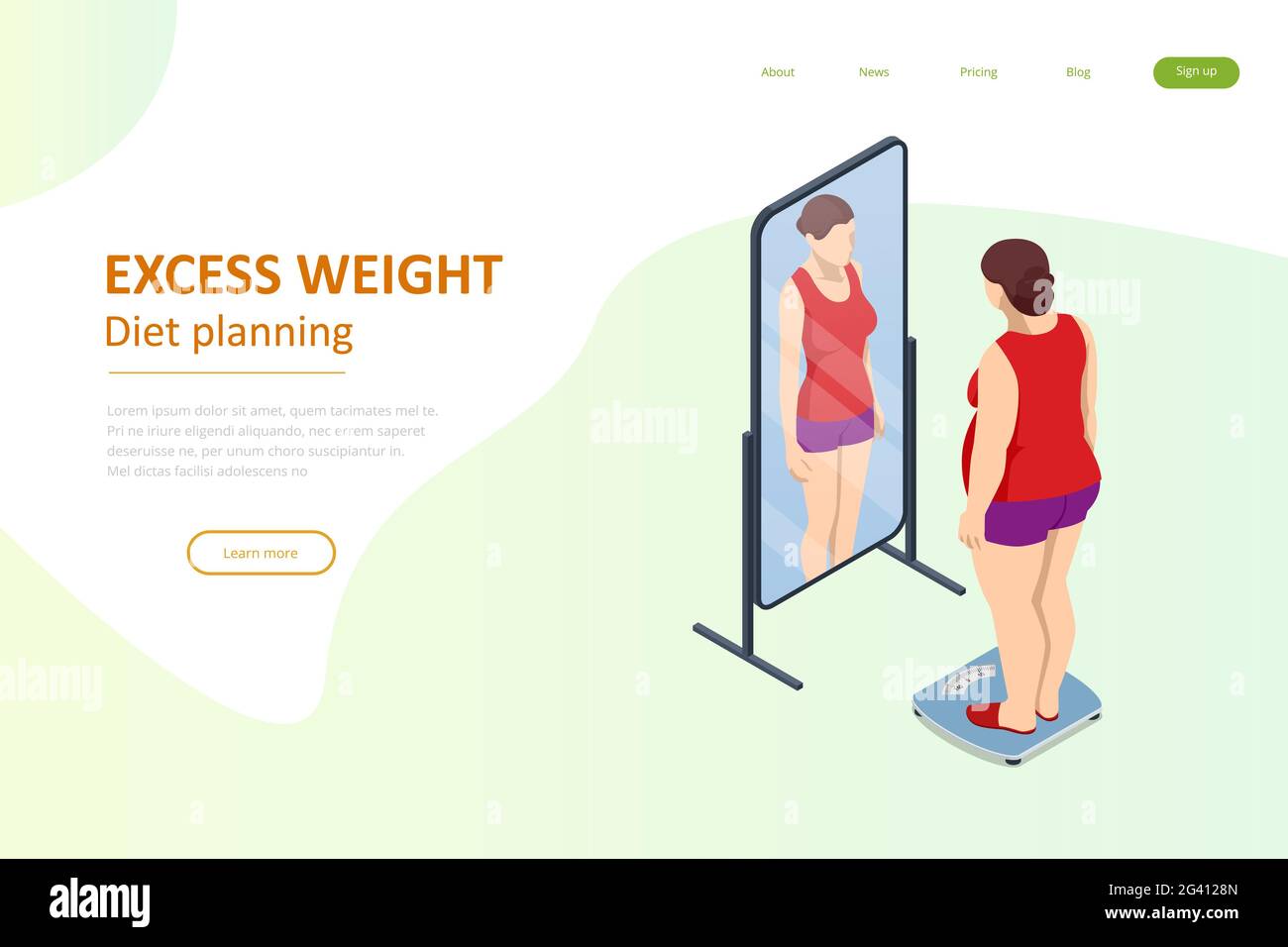 Isometric Healthy food and Diet planning. Fat woman looks with a mirror ...