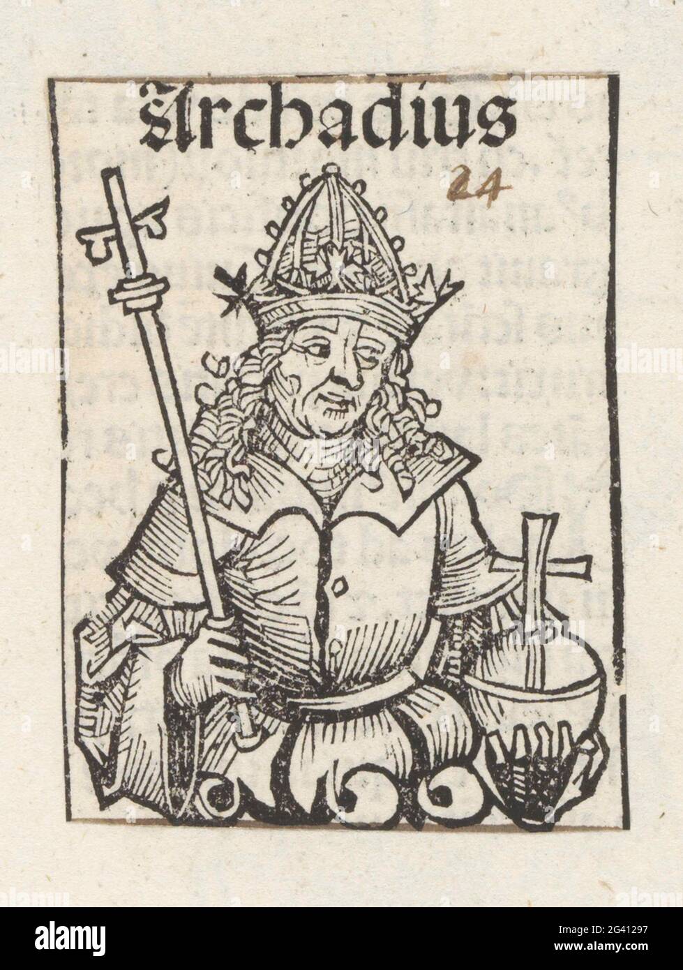 Emperor Arcadius; Archadius; Liber chronicarum. A flower celk with a ...