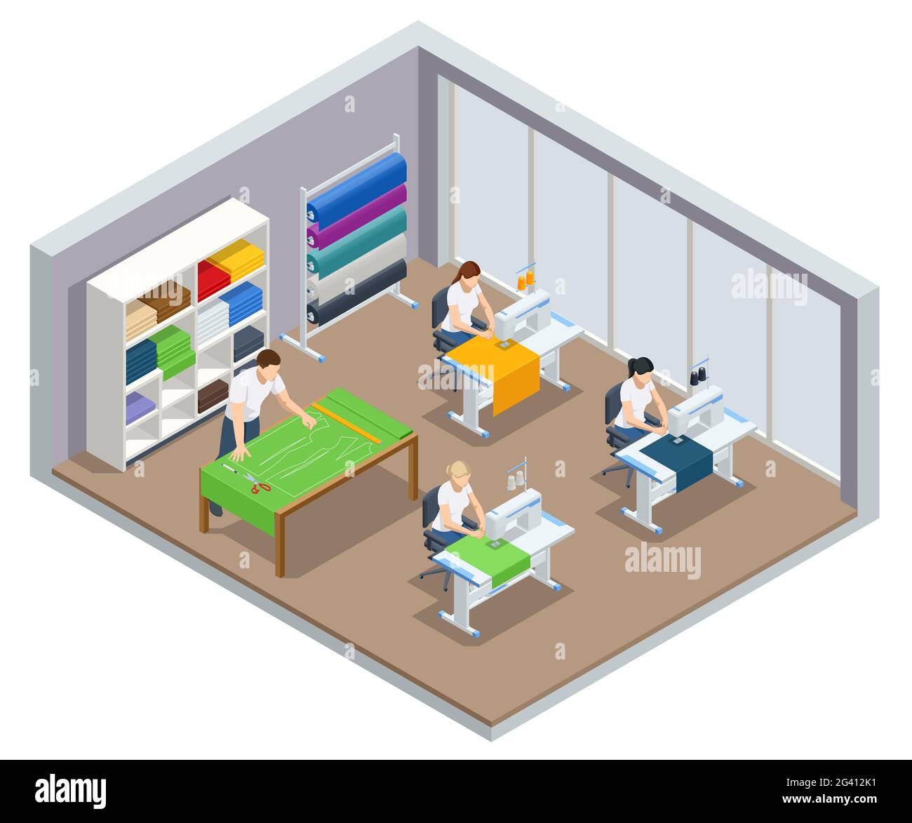 Isometric sewing workshop collection. Textile industry. Sewing ...