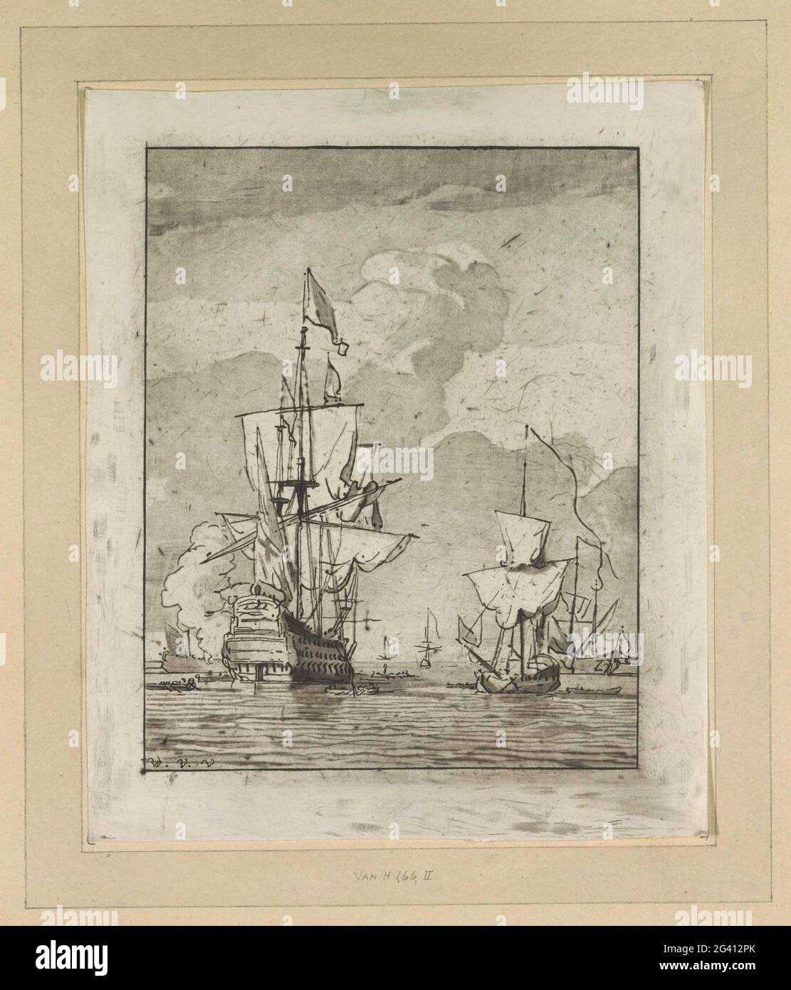 Warship unloading a shot. Different sailing ships at sea, one of which ...