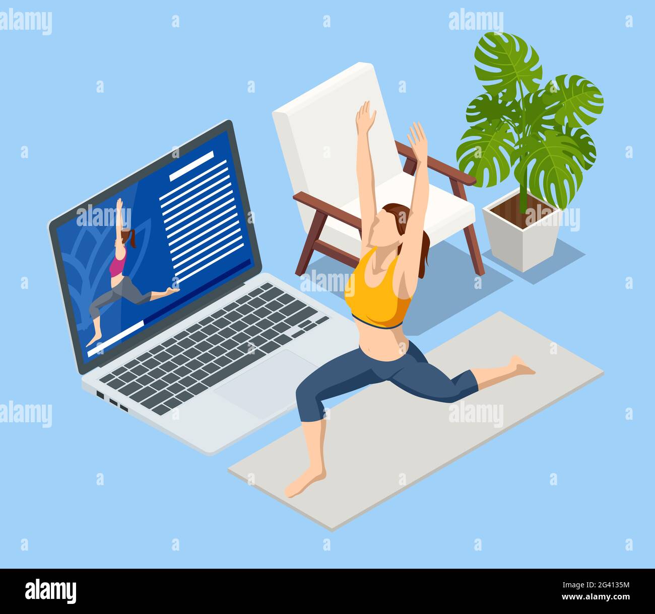 Isometric girl watching online classes on laptop, practicing yoga ...