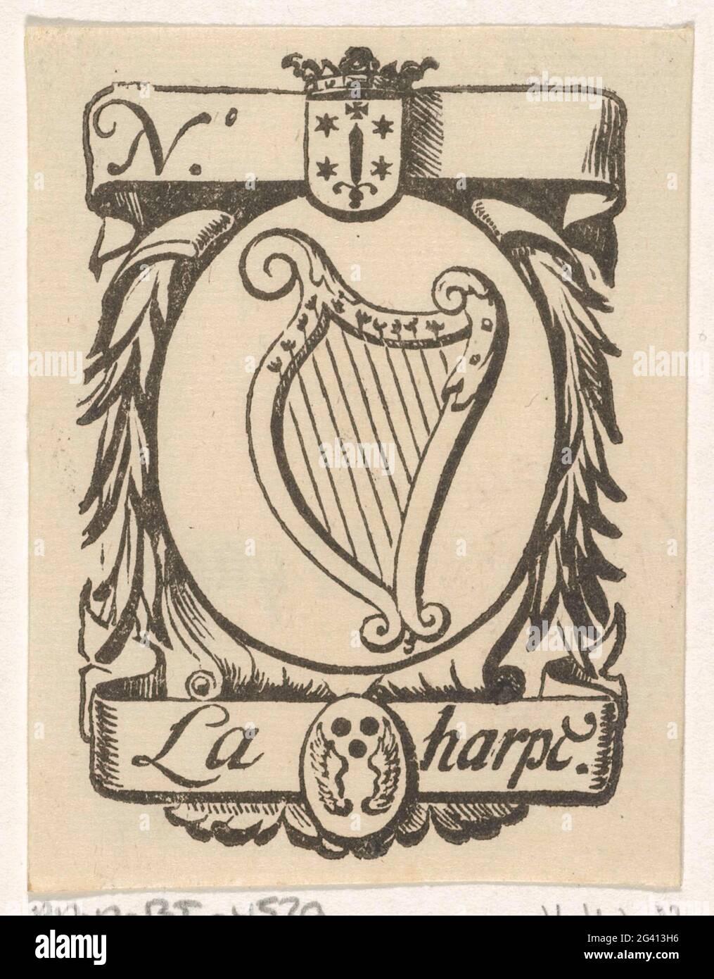 Vignet with a harp and the coat of arms of the city of Haarlem Stock ...