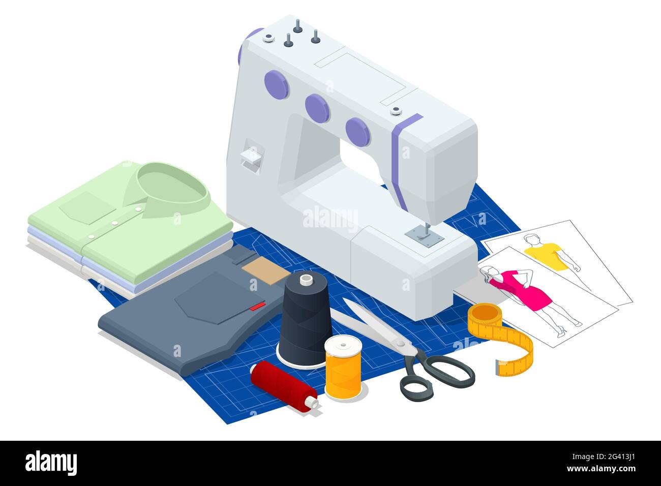 Isometric sewing workshop collection. Textile industry. Sewing ...