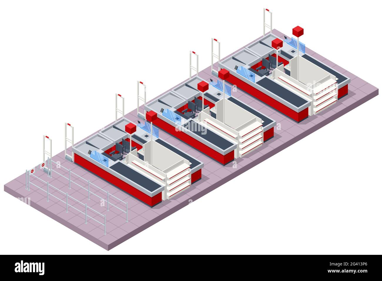 Isometric series of cash registers, cash desk, in a large supermarket ...