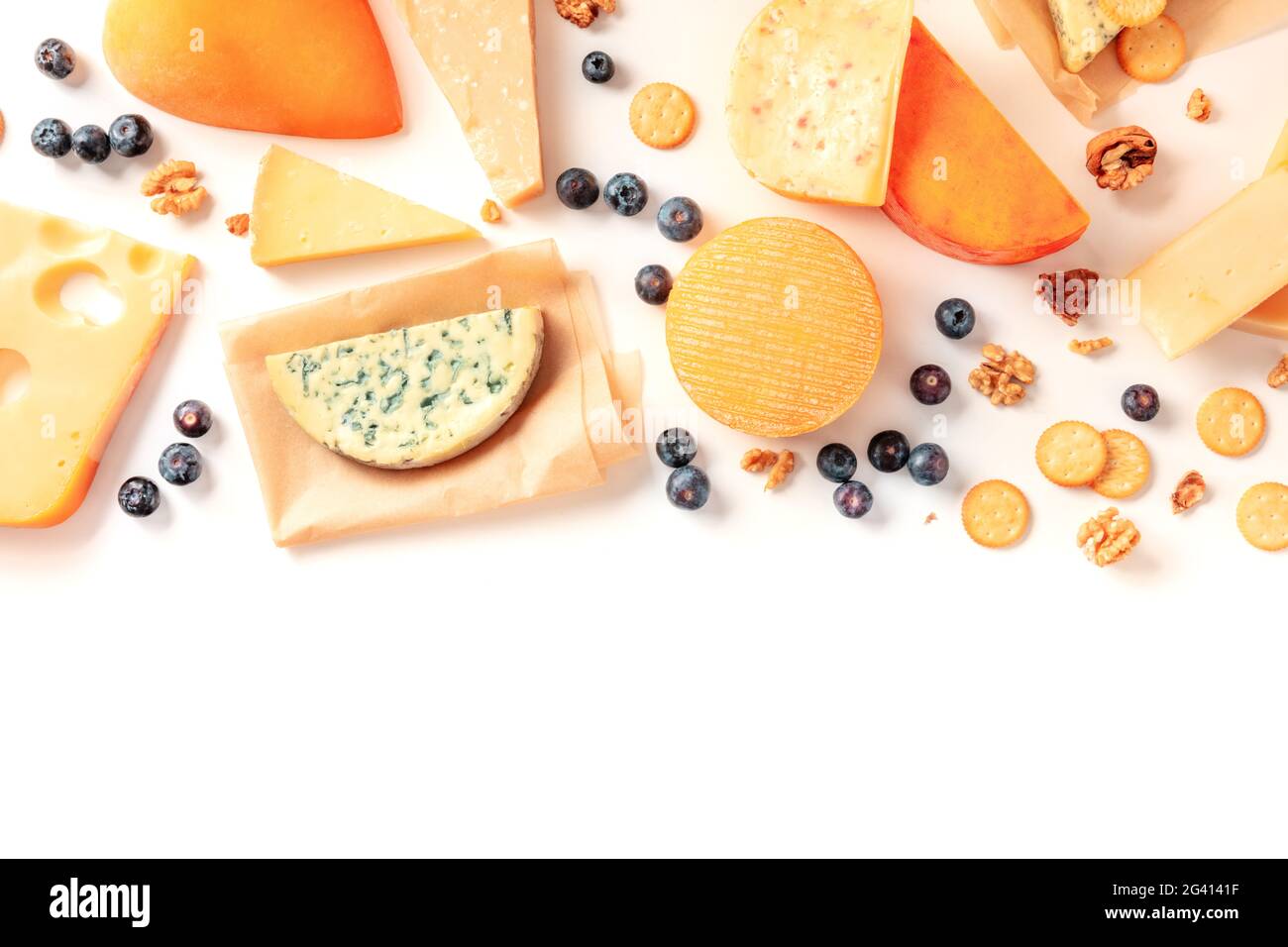 Cheese design template. Many different cheeses, overhead flat lay shot ...
