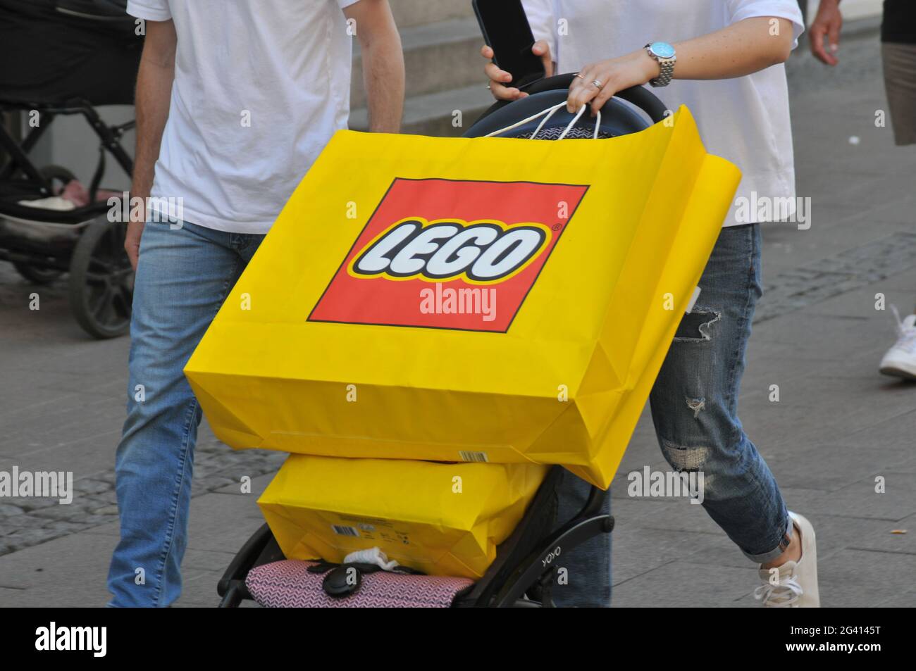 Copenhagen, Denmark. 18 June 2021, Lego bricks shoppers woith lego ...
