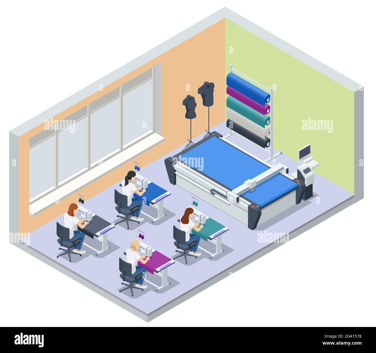 Isometric sewing workshop collection. Textile industry. Sewing ...