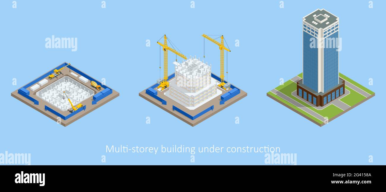 Isometric Skyscraper construction process. Building crane, multi-storey building under ...