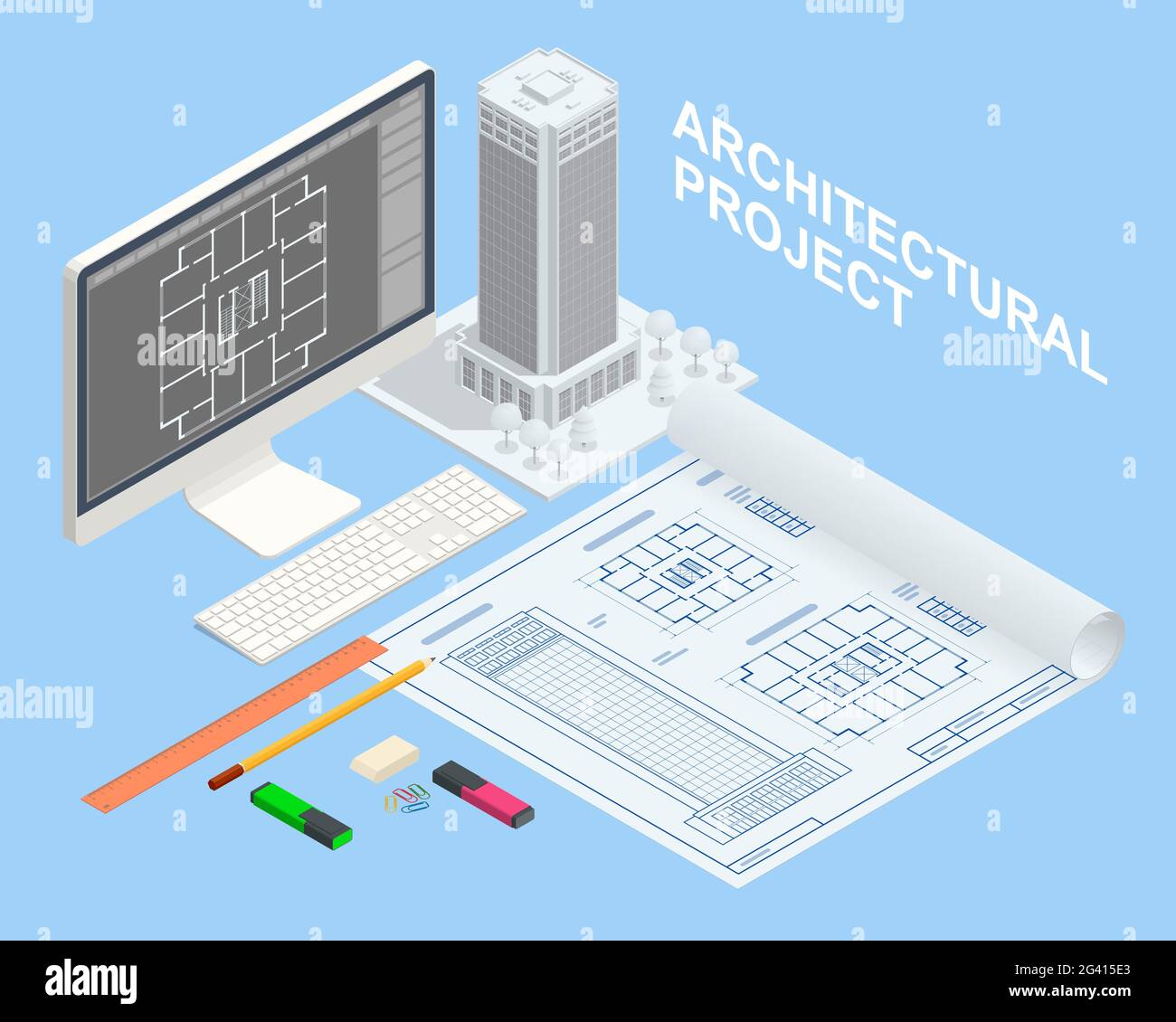 Architectural Project Isometric Concept. Professional Architects and ...