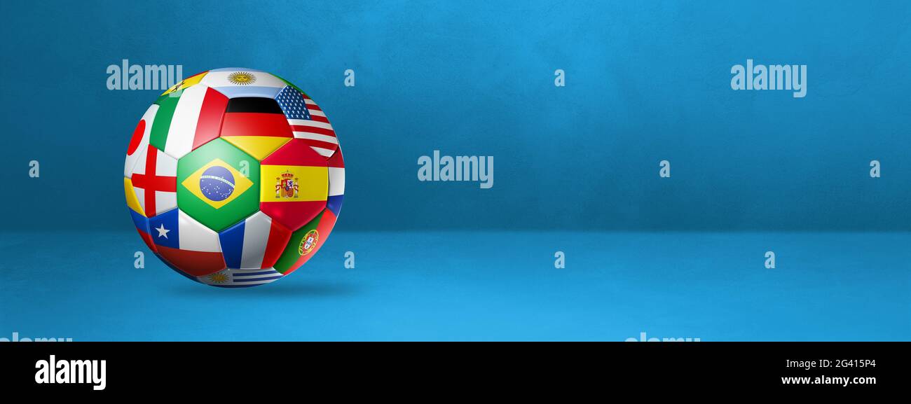 Football soccer ball with national flags on a blue studio banner Stock ...